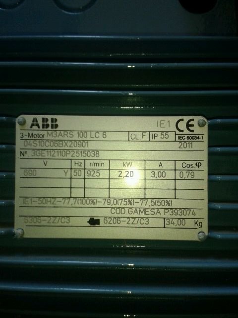 Motor ABB M2ARS 100LC-6 925rpm 2.2Kw 3A | Gamesa P393074