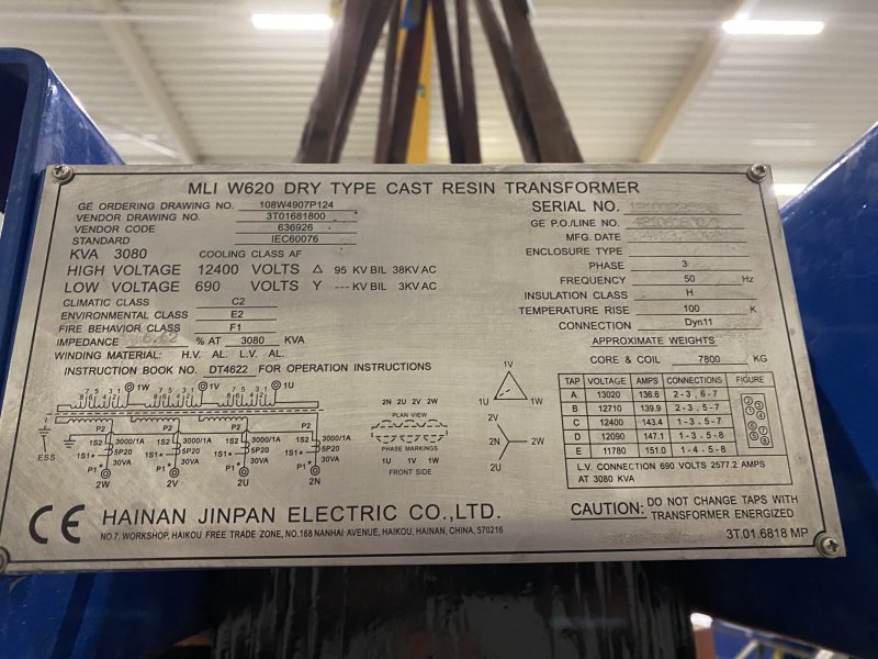 MLI W620 DRY CAST RESTIN TRAFO 690/12,4kV | GE 636926 JINPAN