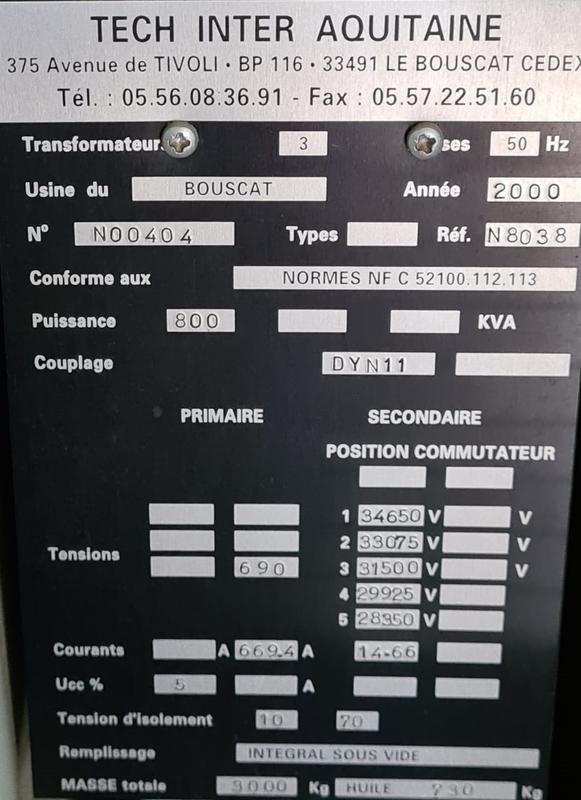 Transformator Oil 20 KV – 1100 KVA – 400V | Tech Inter
